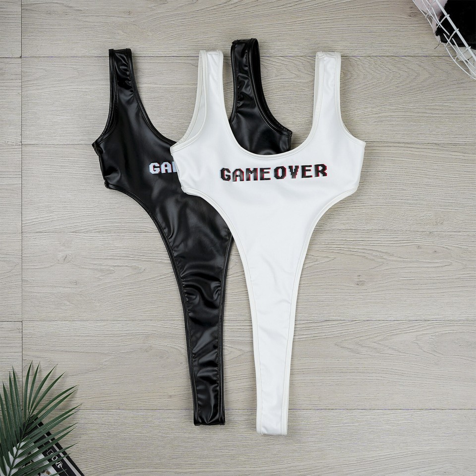 Women Shiny Leather One Piece Swimsuit HighCut Monokini Bikini Mini ...