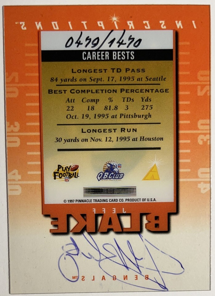 1997 Pinnacle Inscriptions Signatures 479/1470 Jeff Blake Auto ...