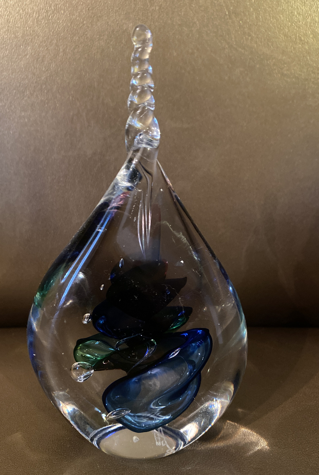 Adam Jablonski Art Glass Teardrop Paperweight Signed Cobalt Green Twist ...
