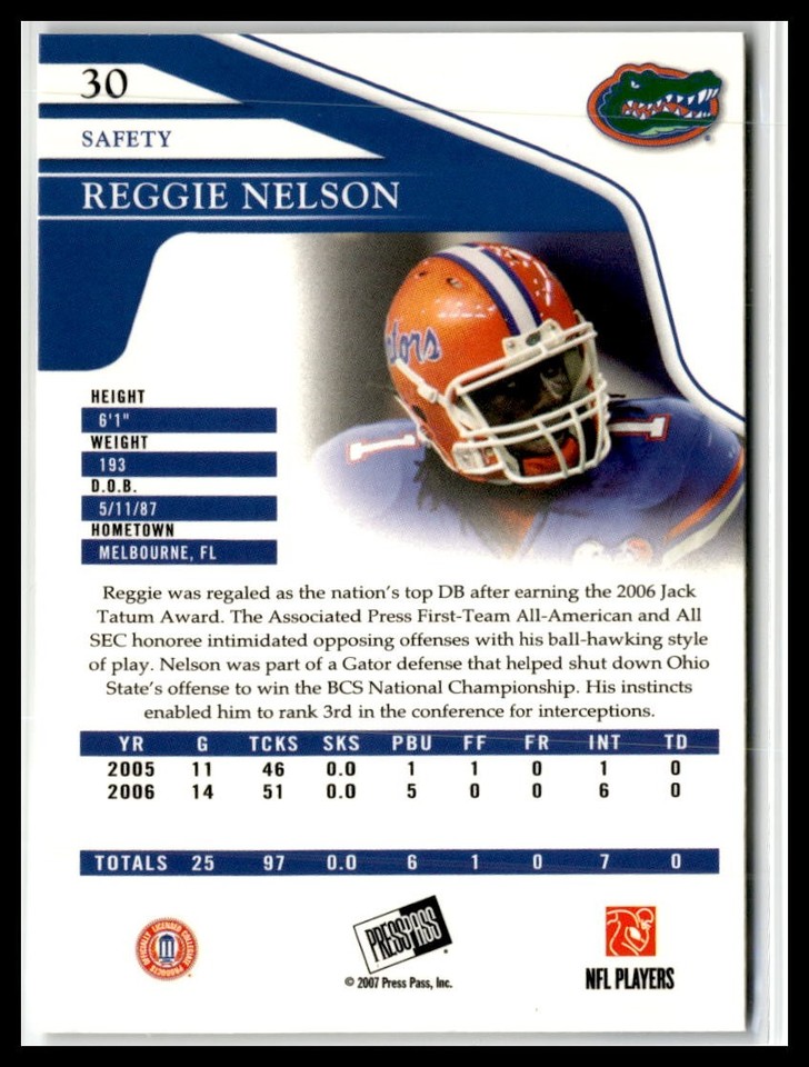 Reggie Nelson 2007 Press Pass #30 Florida Gators | eBay