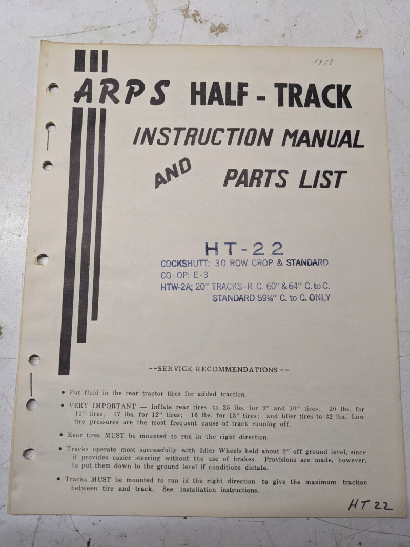 ARPS TRACTOR HALF-TRACK INSTRUCTION OWNER MANUAL PARTS LIST CO-OP HTW ...