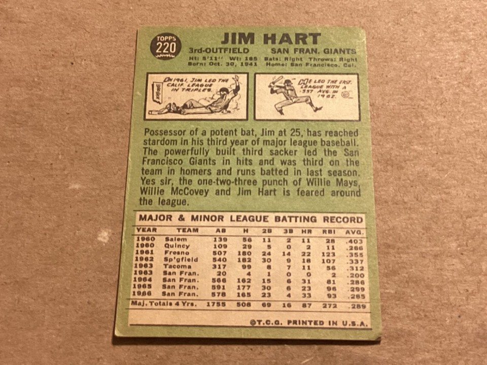 1967 topps baseball #220 Jim Ray Hart San Francisco Giants - EX - Lite ...