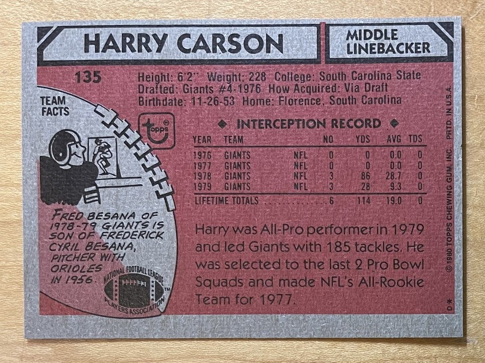 Harry Carson 1980 Topps NFC All-Pro Football New York Giants High Grade ...