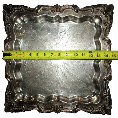 English Silver Silverplate Tray 15" Square Hollowware footed embossed ...
