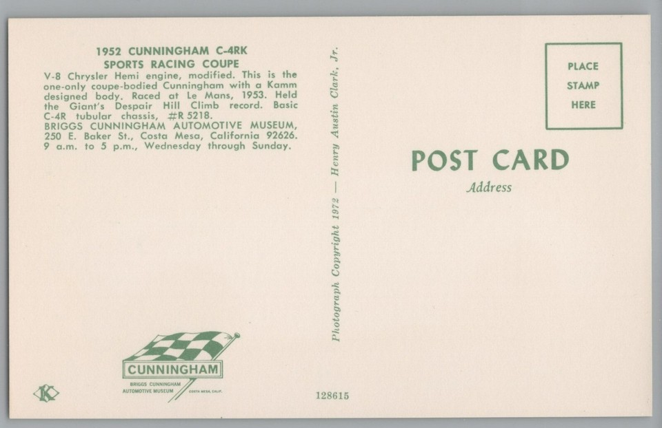 1952 Cunningham C-4RK Sports Racing Coupe Auto Classic Car Postcard | eBay