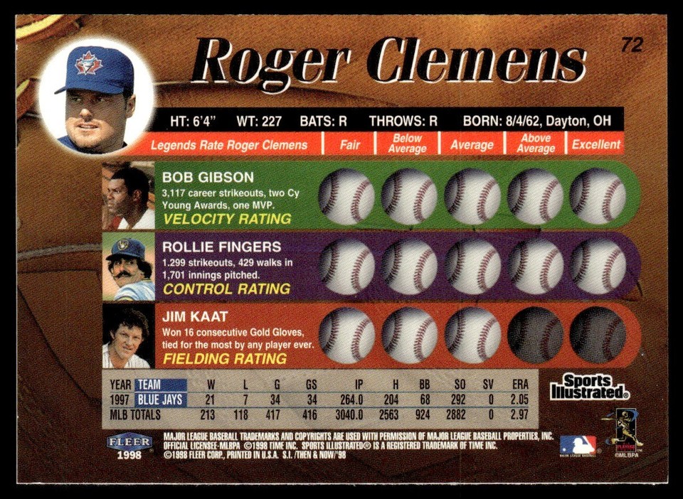 1998 Sports Illustrated Legends of Today Roger Clemens Toronto Blue ...
