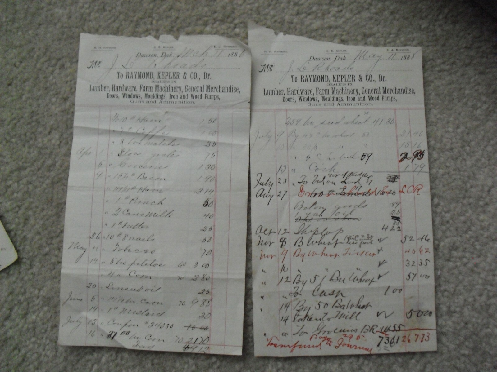 Lot of 2 Vintage 1886 Raymond, Kepler & Co Dawson Dakota Sales Receipts ...