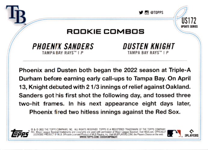 2022 Topps Update Phoenix Sanders / Dusten Knight RC Tampa Bay Rays | eBay