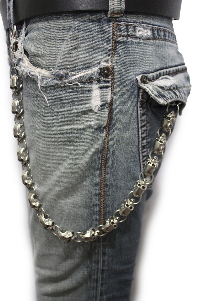 Men Silver Metal Wallet Chains Links KeyChain Jeans Biker Big Skulls ...