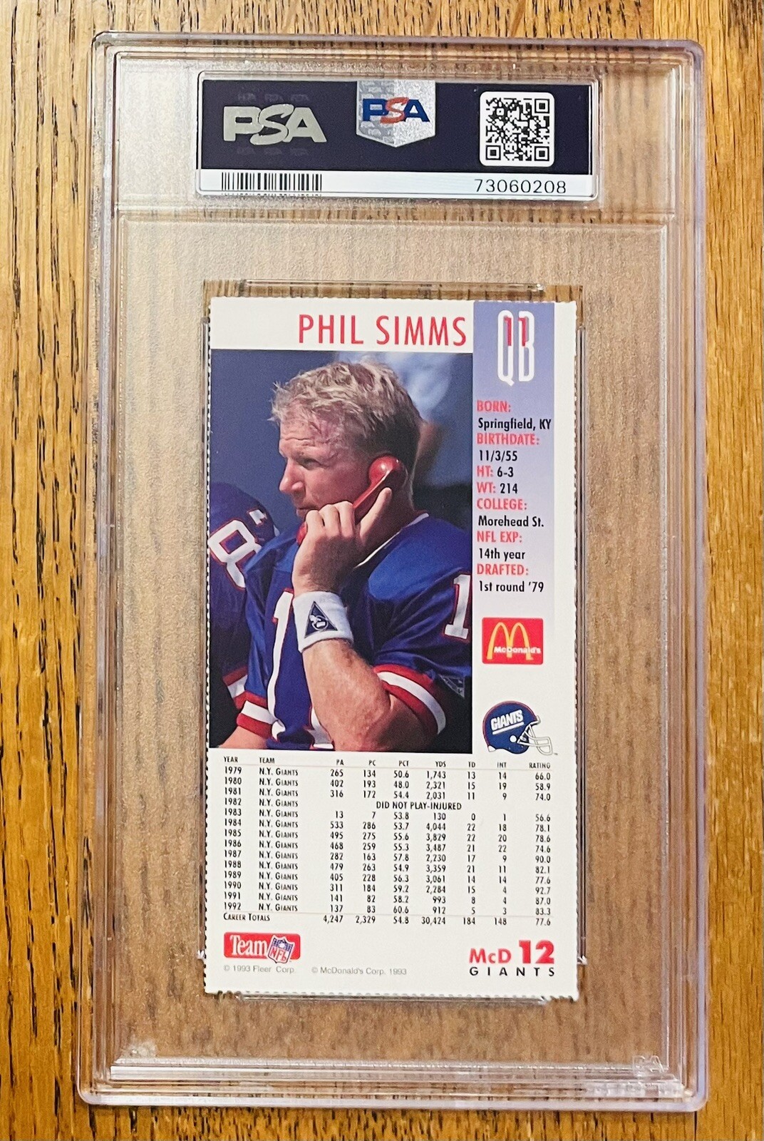 1993 Fleer McDonald's NFL GameDay MCD12 Phil Simms PSA 9 Mint NY Giants ...