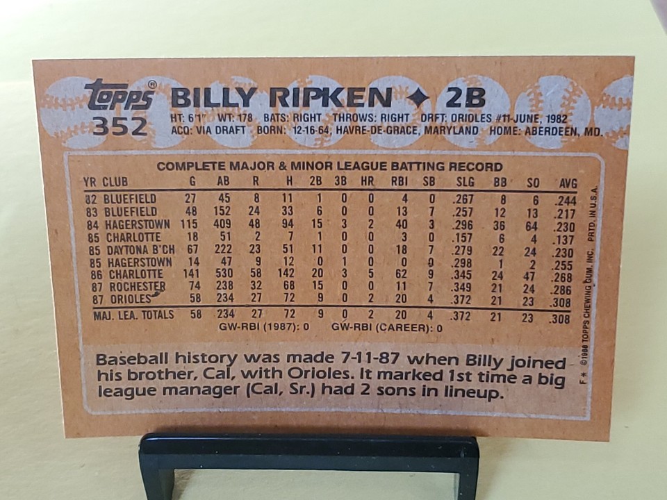 1988 Topps Billy Ripken #352 Baseball Card RC Rookie Baltimore Orioles ...