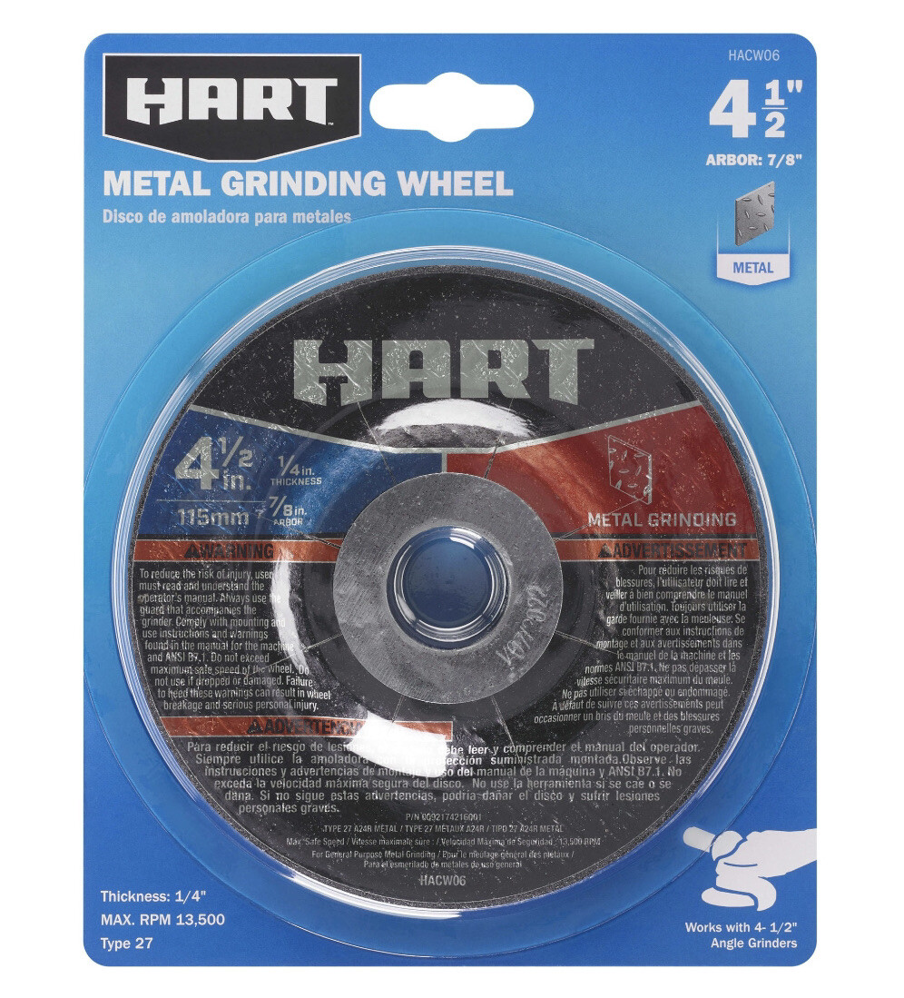 HART 4 1/2-inch METAL GRINDING WHEEL 1/4" Thick 13 500 RPM Type 27 ...