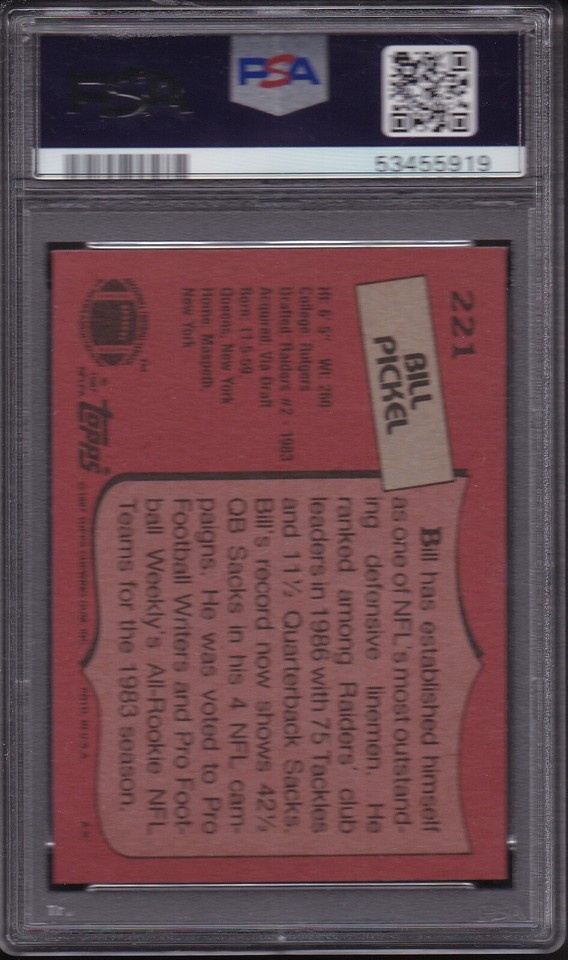 1987 Topps #221 BILL PICKEL PSA 9 MINT Los Angeles Raiders Foootbal POP ...