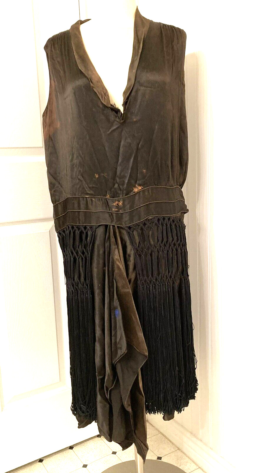 1920s flapper dress dark brown satin black braided fr… - Gem
