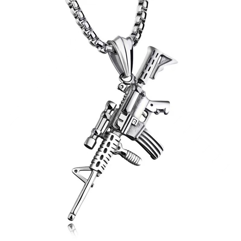 Mens Submachine Gun Bullet Pendant Necklace Punk Jewelry Stainless ...
