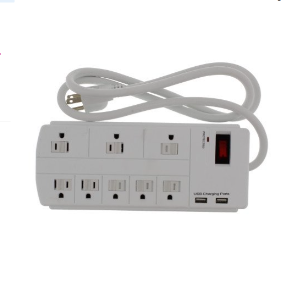 Intertek 8 Outlet Surge Protector 2 USB Ports 1200 Joules 4' Cord for ...