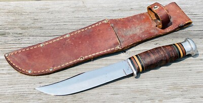 Vintage Kinfolks Hunting Knife With Sheath Finger Grooves Pre-WWII 5 1/ ...