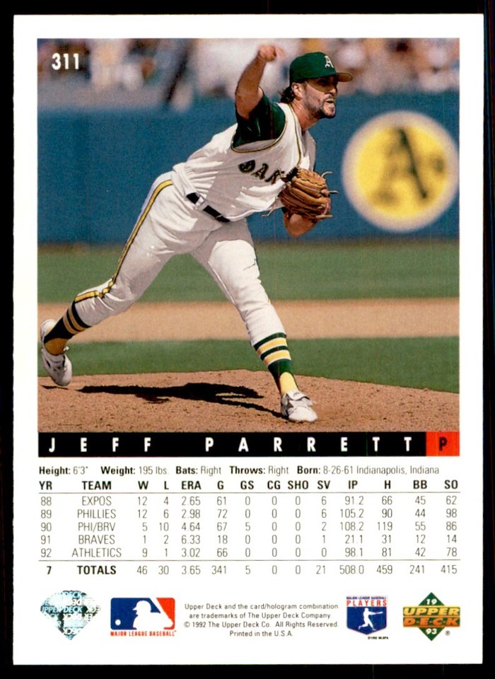 1993 Upper Deck: Jeff Parrett Baseball Cards #311 | eBay