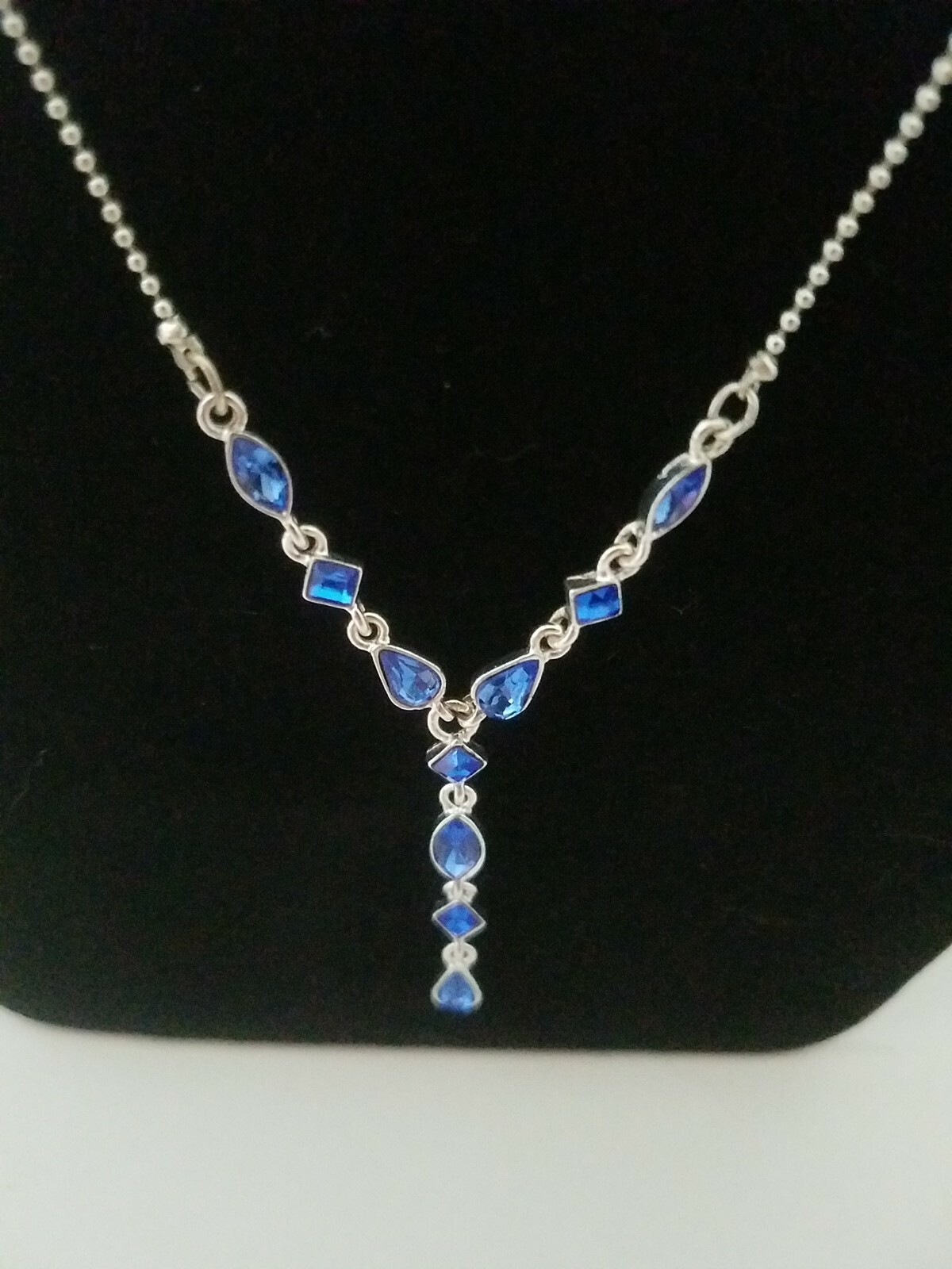 Necklace Silver Tone Blue Rhinestones Delicate Ball Chain | eBay