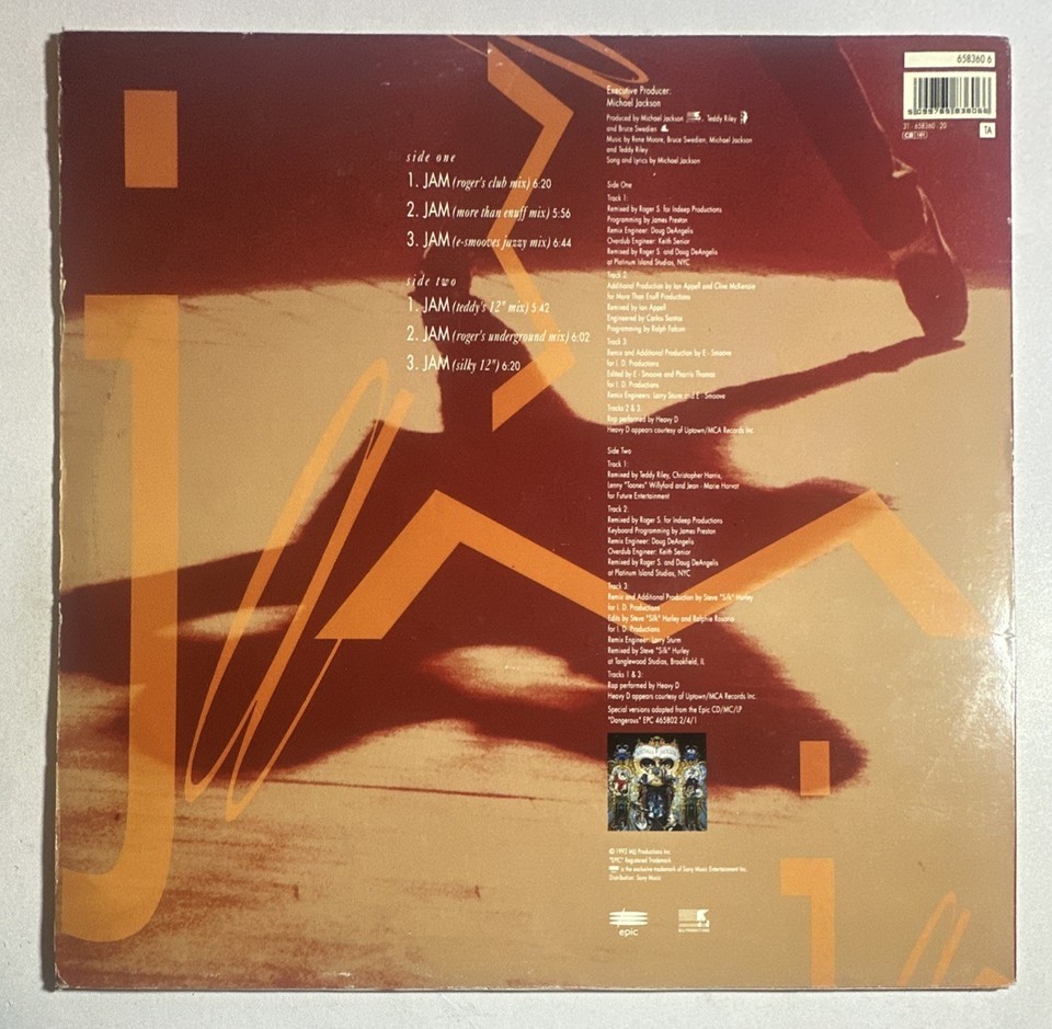 Michael Jackson Jam Remixes 1991 12” Record 658360 Dance Vinyl EX/VG ...