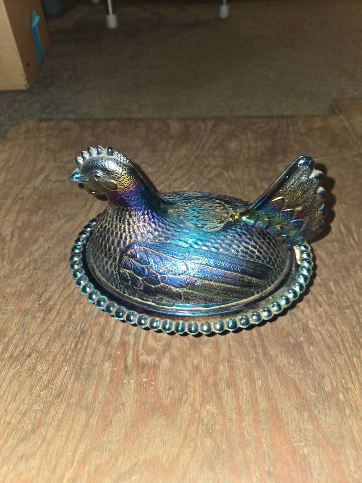 Vintage Indiana Glass Iridescent Carnival Blue Hen on Nest Covered ...
