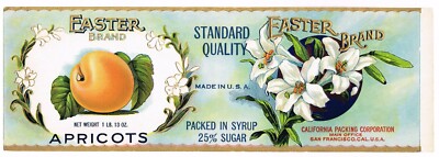 ORIGINAL C1920 ANTIQUE CAN LABEL EASTER LILY APRICOTS EMBOSSED SAN ...