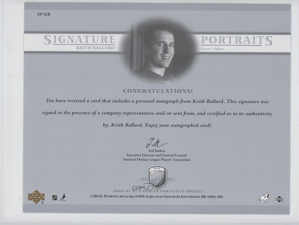 2006-07 Upper Deck Be A Player Portraits Signature Keith Ballard #SP-KB ...