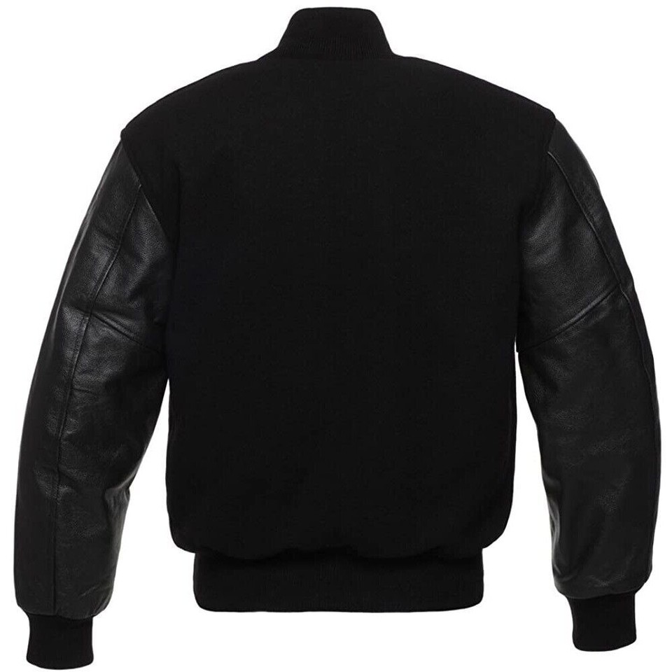 Black Wool Real Leather Sleeve Blend Bomber Letterman Baseball Varsity ...
