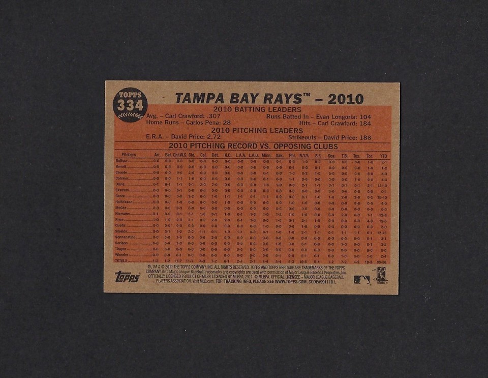 2011 Topps Heritage #334 TAMPA BAY RAYS Team Card unmarked checklist ...