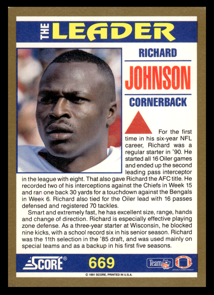 1991 Score Richard Johnson #669 Houston Oilers NFL Football | eBay