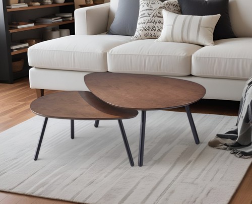 Set of Two Brown And Black Wood And Metal Oval Nested Tables ...