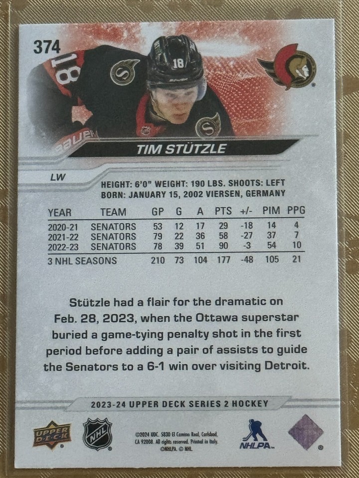 2023-24 Upper Deck Series 2 #374 Tim Stutzle Ottawa Senators Hockey ...