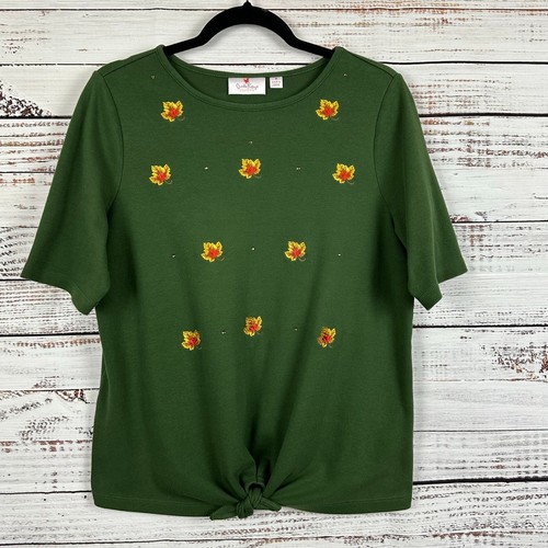 Womens Quacker Factory Green Fall Leaf Knit Embroider Rhinestone Tie ...