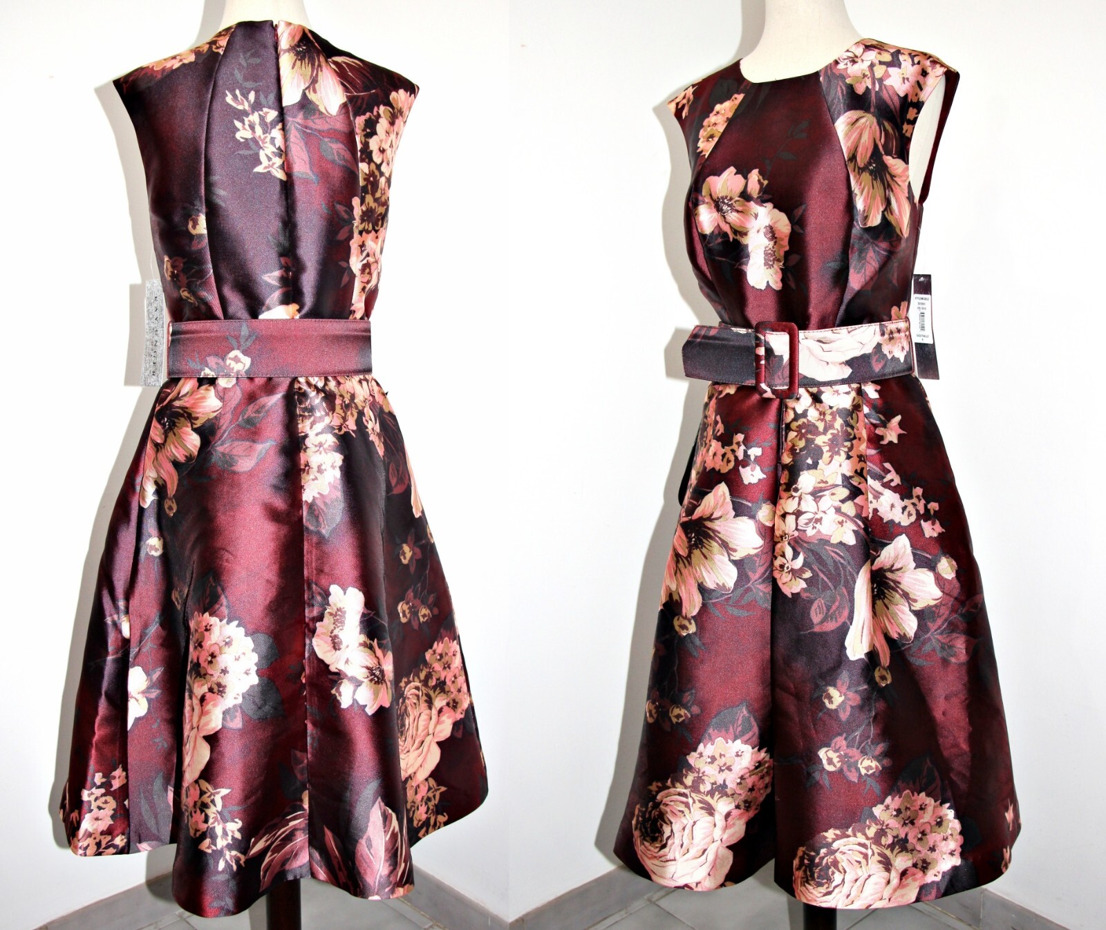 Kay Unger Jordana Floral Print Mikado Belted Midi Dress in Merlot Color ...