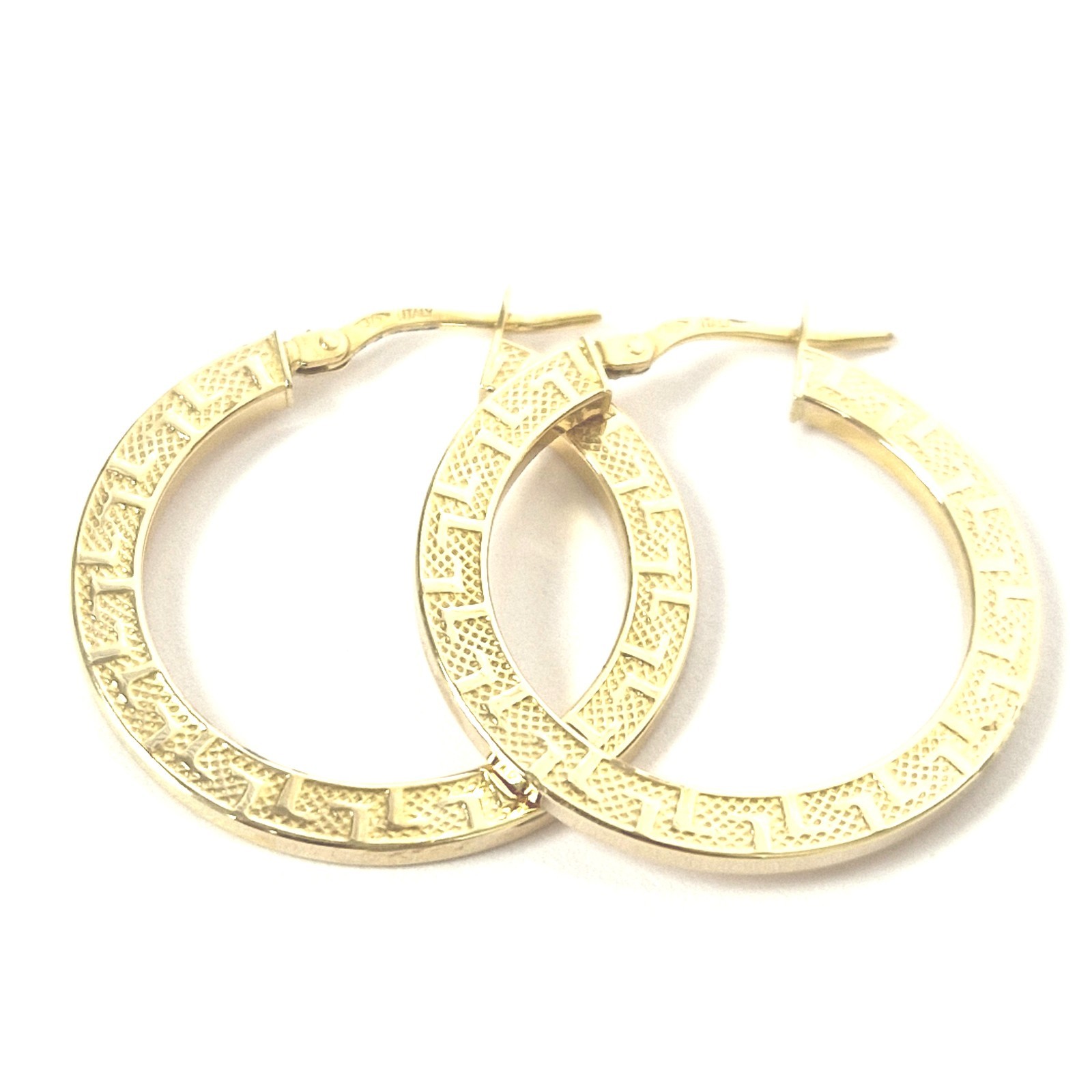 9ct Gold Greek Key Earrings Patterned Round Hoops 28.3mm High 25.8mm ...