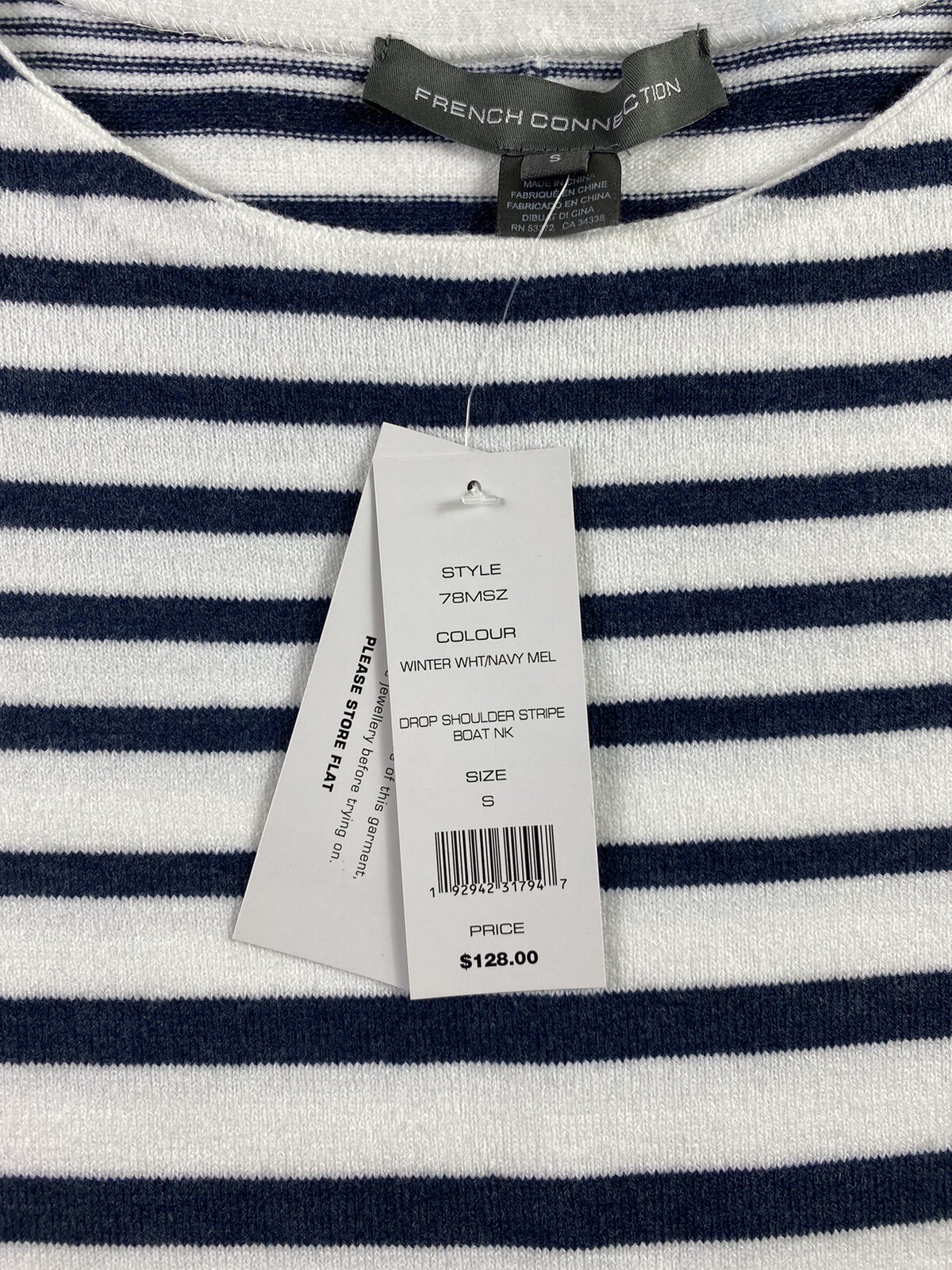 NWT French Connection Drop Shoulder Stripe Boat Neck White/Navy Sweater ...