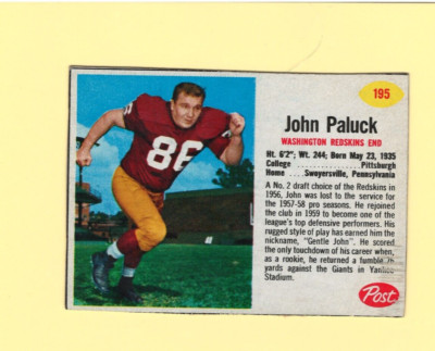 1962 Post Football - #195 - John Paluck - Washington - Hand Cut - F0174 ...
