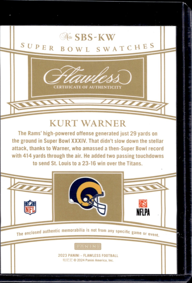 2023 Panini Flawless KURT WARNER 4/5 Patch Super Bowl TRI COLOR PATCH # ...