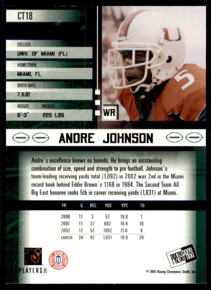 2003 Press Pass JE Collector's Tin Andre Johnson Rookie Miami ...