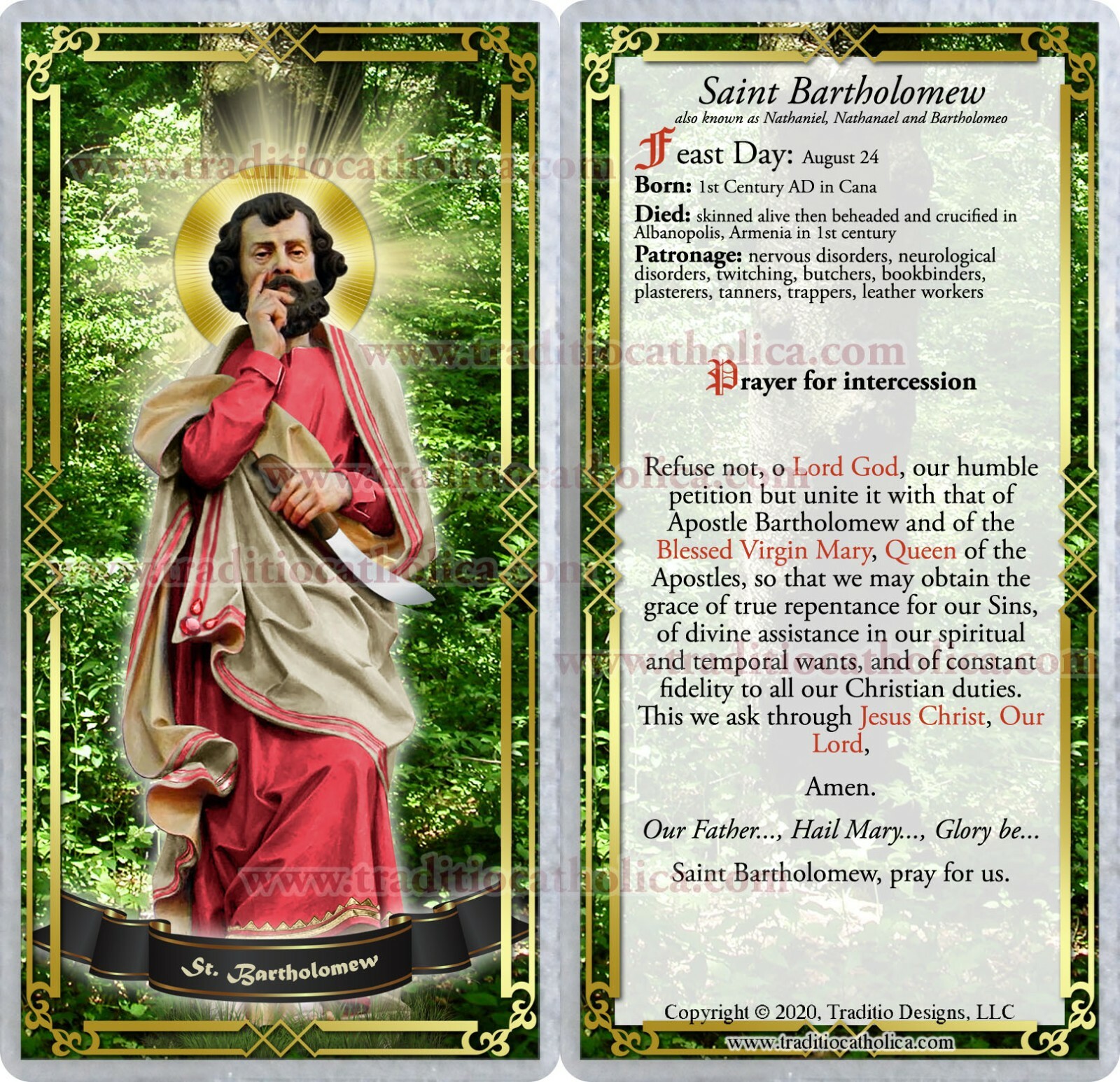 Saint Bartholomew Nathanael the Apostle laminated Catholic Holy Prayer ...
