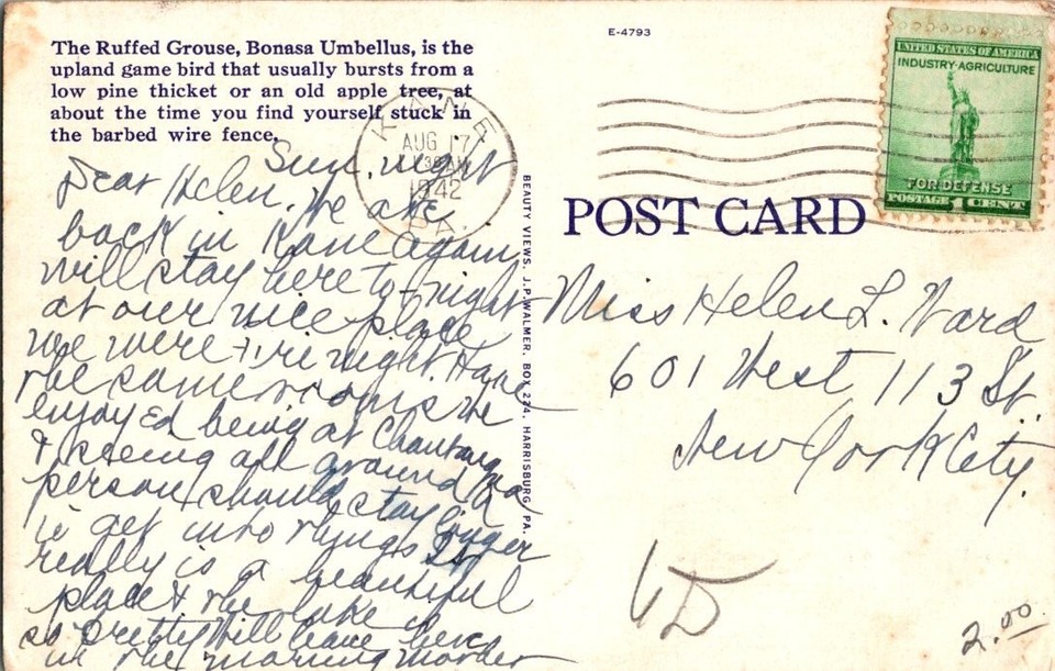 1941 Ruffed Grouse Pennsylvania State Game Bird E.L. Poole Postcard | eBay