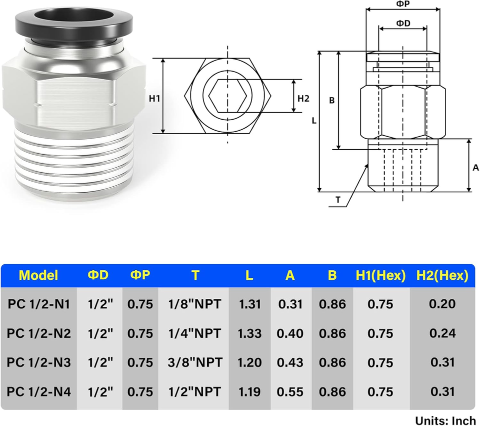 Male Straight 1/2 Inch Tube OD X 1/2 Inch NPT Thread Push to Connect ...