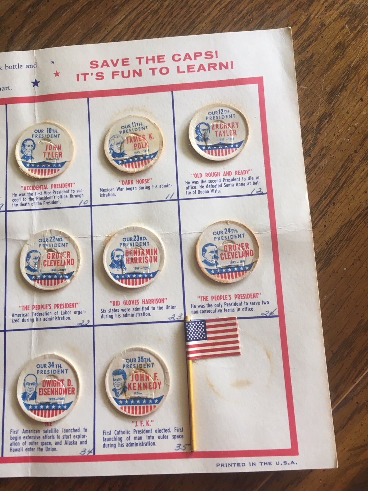 Vintage US Presidents Milk Bottle Caps COMPLETE with Chart 35 ...