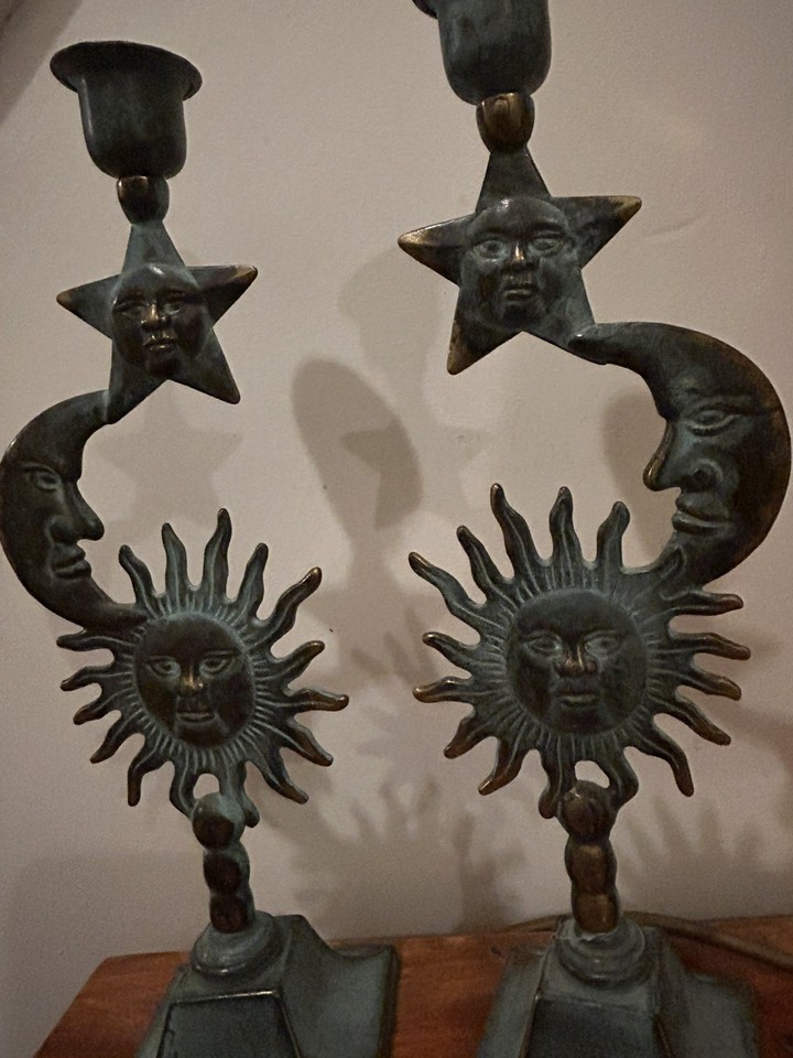 Vintage Pair Brass Verdigris Wiccan Gothic Celestial Moon Sun Star ...