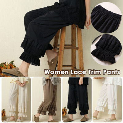 Women Bloomers Pants Trousers Layered Lace Trim Ruffle Loose Casual ...