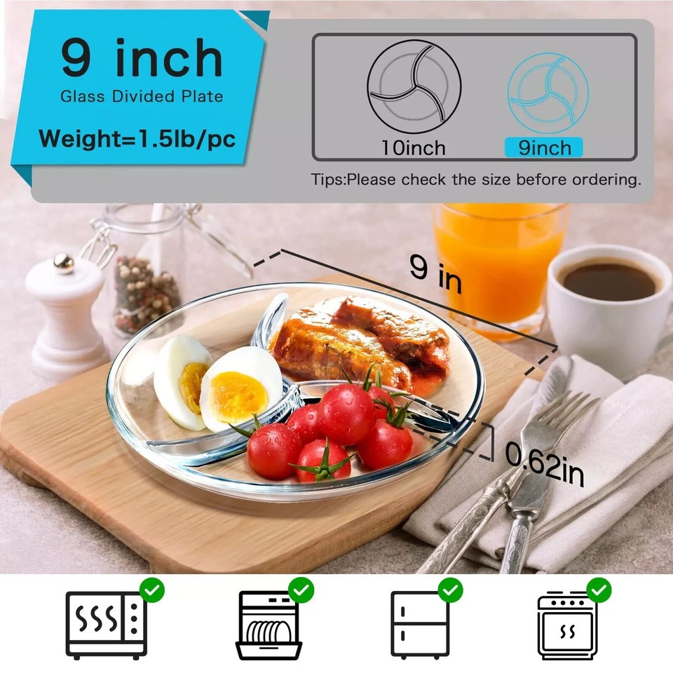 Glass Divided Plate Plate with 3-Compartment Microwavable Glass ...