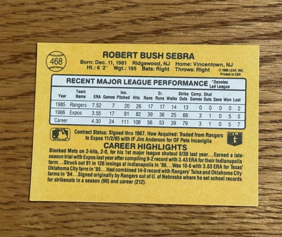 BOB SEBRA 1987 Donruss #468 Rookie RC | eBay