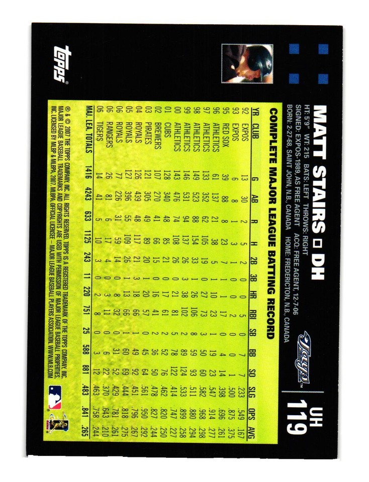 2007 Topps Updates & Highlights #UH119 Matt Stairs Toronto Blue Jays | eBay
