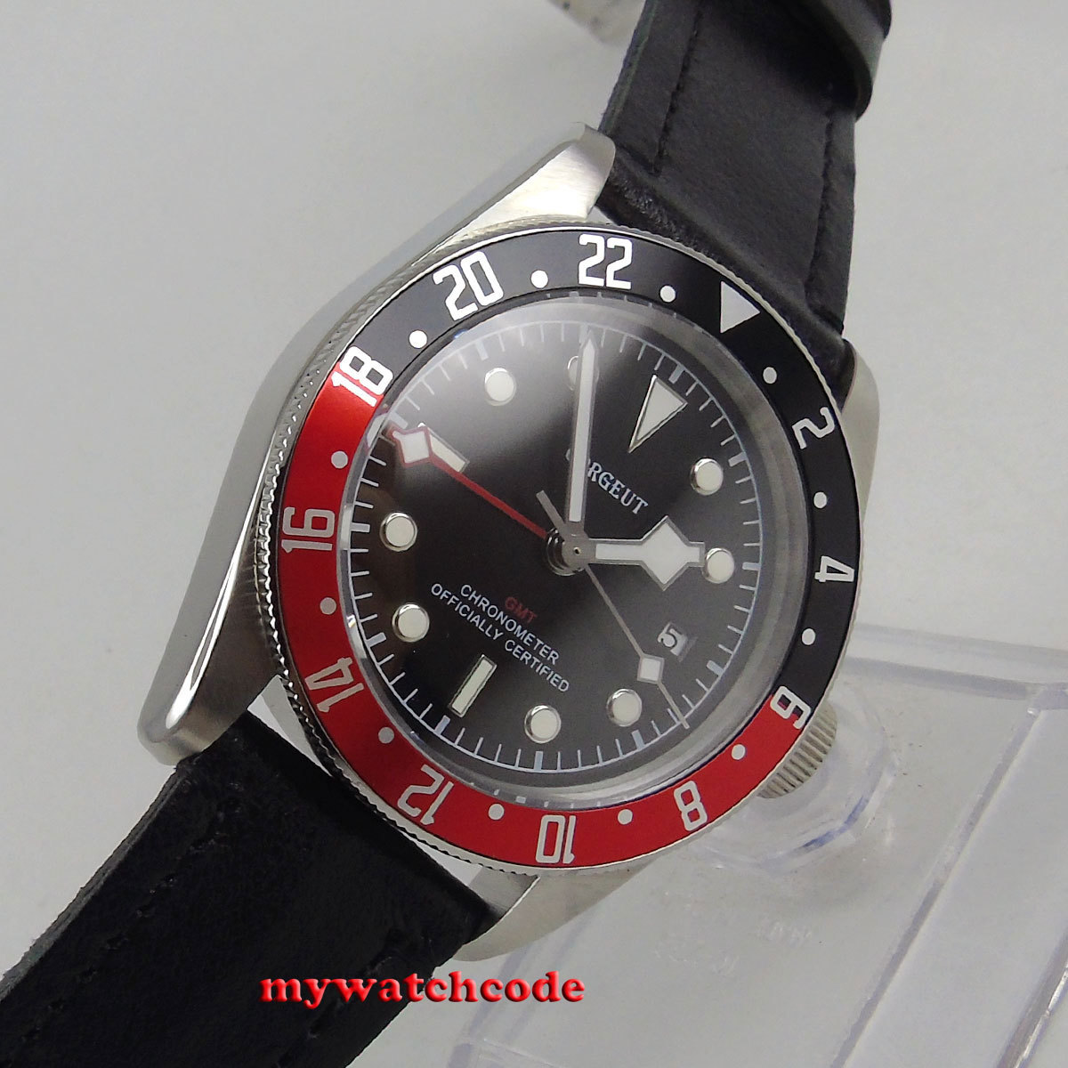41mm corgeut black dial red black bezel Sapphire Glass GMT Automatic ...