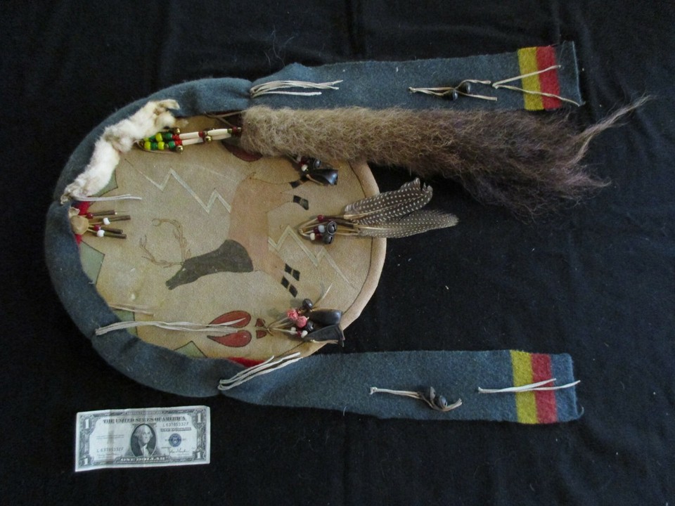 NATIVE AMERICAN CEREMONIAL LEATHER SHIELD, PAINTED "ANIMAL CLAN" SD ...